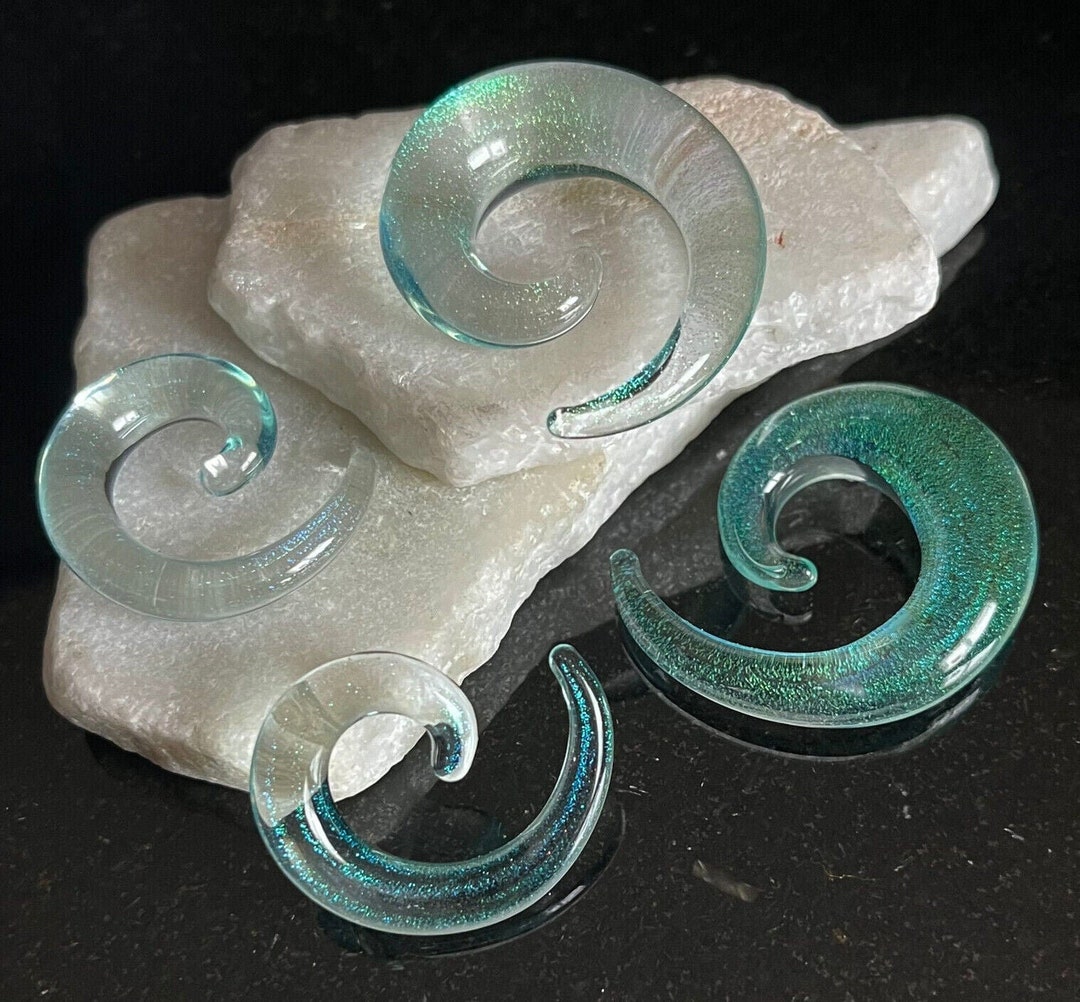PAIR Green Blue Glitter Glass Spiral Tapers Expanders Plugs Gauges Body ...