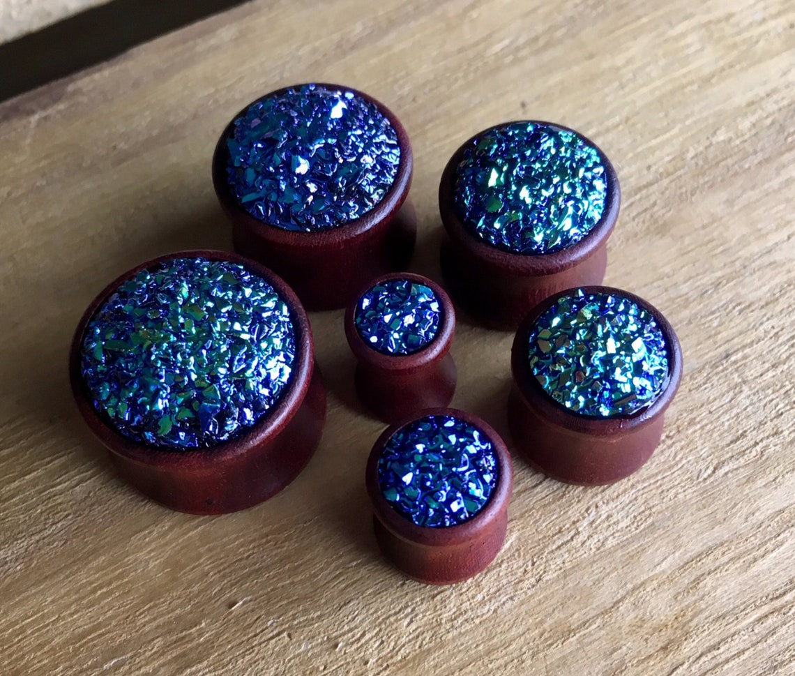 PAIR of Unique Blue Druzy Stone Sono Wood Plugs Gauges 2g - Etsy