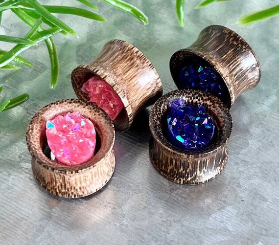 PAIR Synthetic Rough Druzy Stone Coconut Wood Tunnels Plugs Gauges Body Jewelry Etsy
