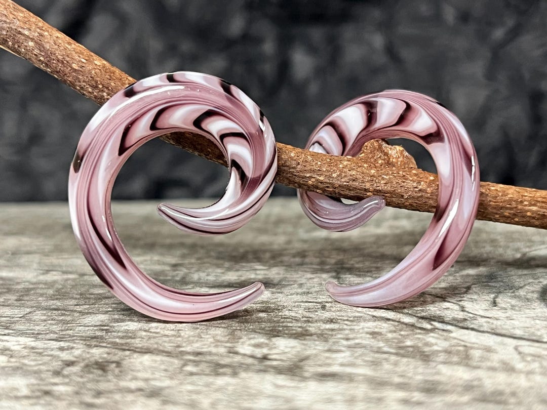 PAIR of Stunning Purple & White Swirl Glass Spiral Tapers - Gauges 6g ...