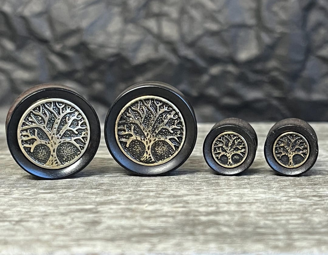 PAIR of Beautiful Organic Ebony Wood Plugs With Tree of Life Top Saddle ...