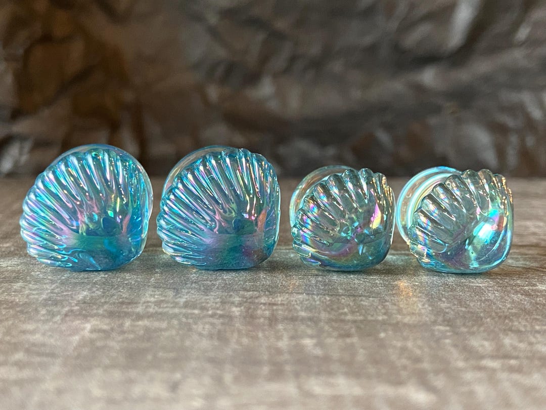 PAIR of Stunning Aurora Borealis Seashell Glass Double Flare Tunnels ...