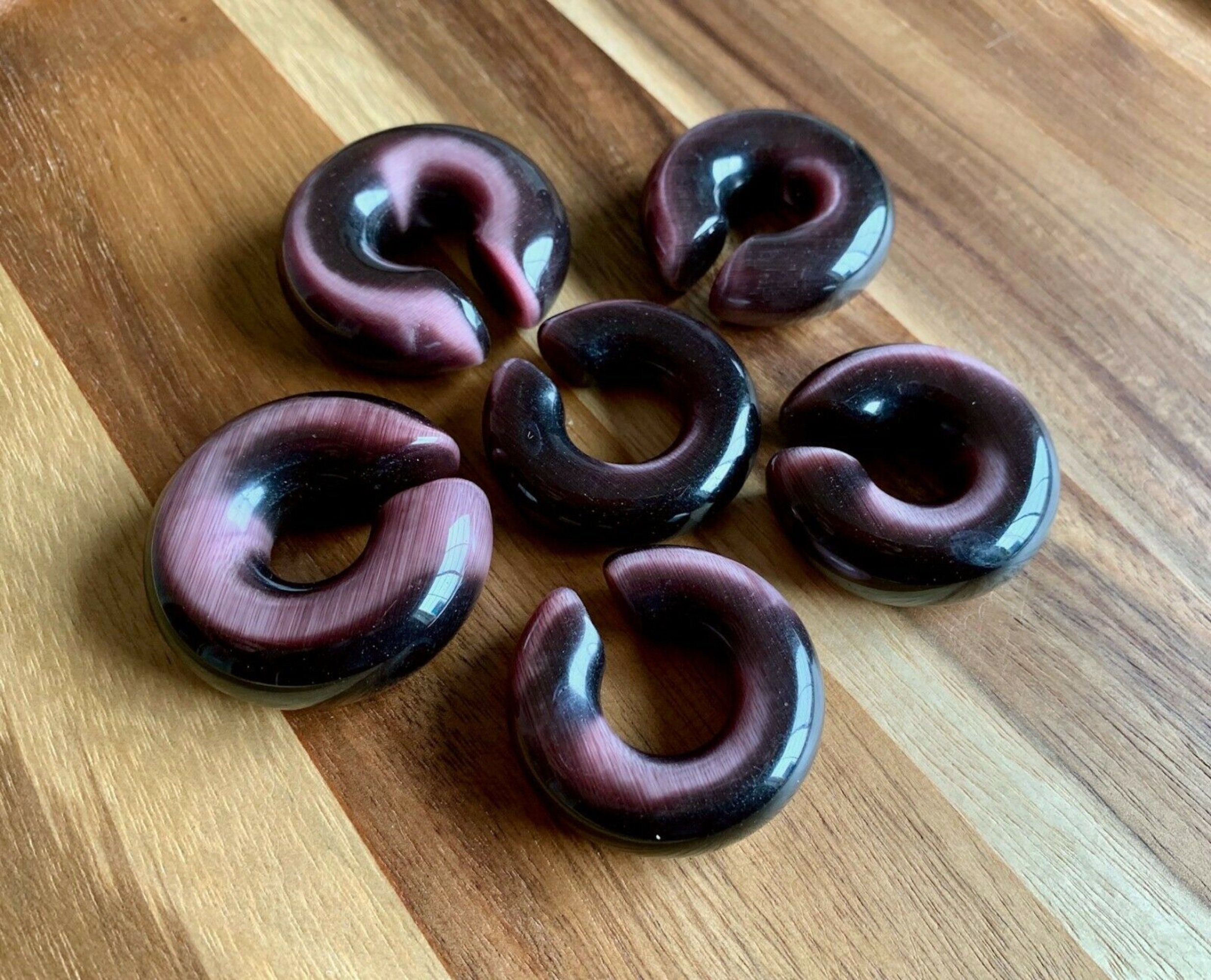PAIR of Unique Purple Cat Eye Stone Hoops Ear Weight Hanging | Etsy