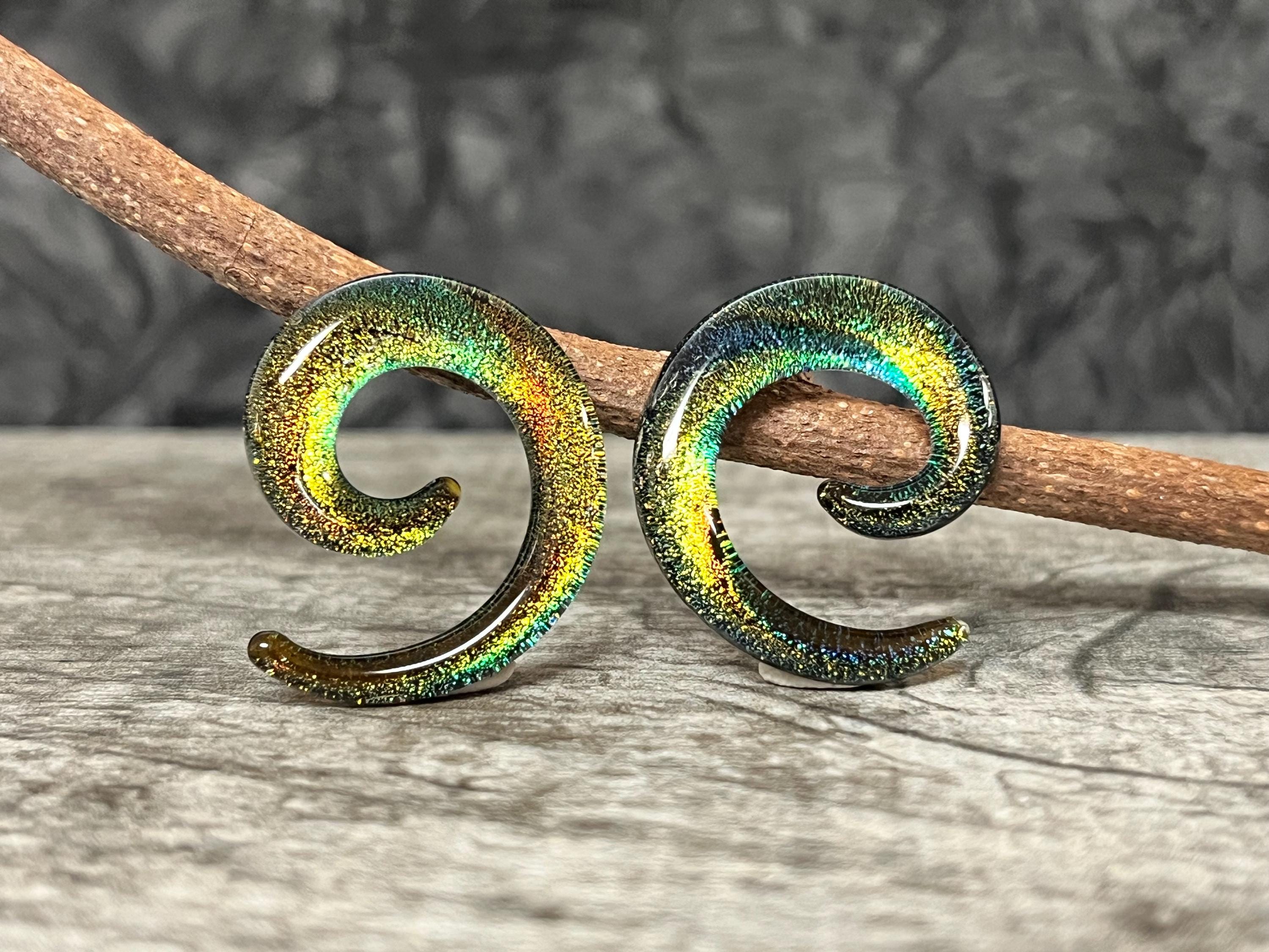 PAIR Green Glitter Foil Glass Spiral Tapers Expanders Plugs Gauges Body ...