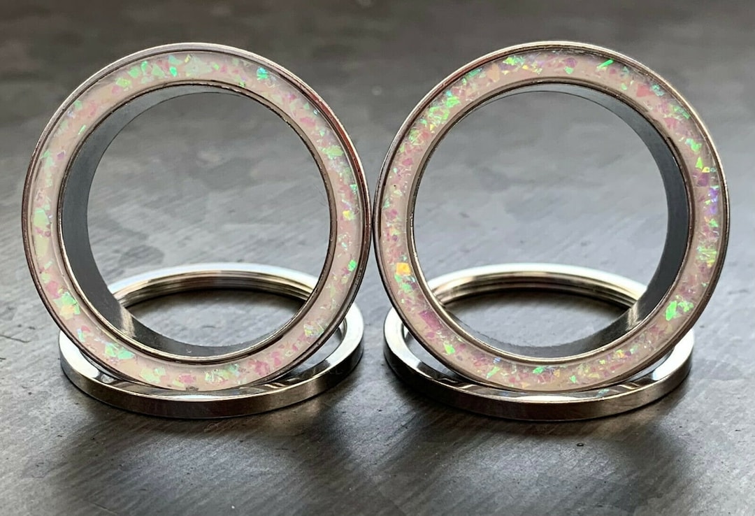 PAIR of Brilliant White Opal Glitter Rimmed Steel Screw Fit Tunnels ...
