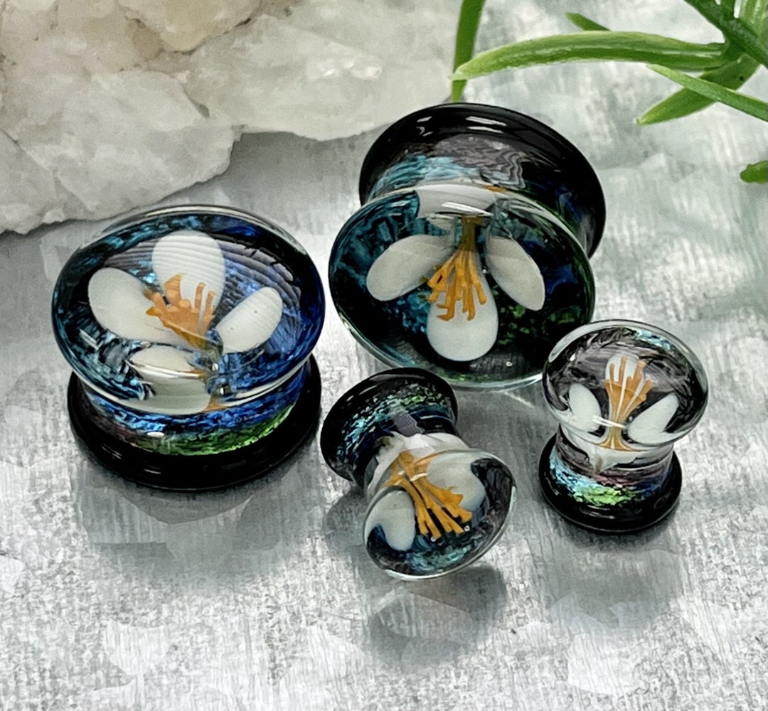PAIR of Unique Floating White Flower Pyrex Glass Double Flare Plugs ...