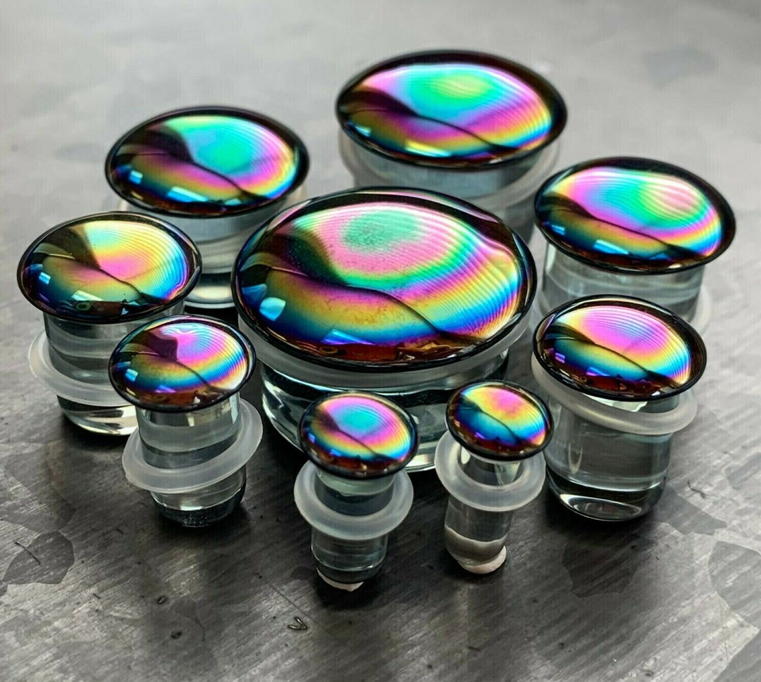 PAIR of Beautiful Oil Slick Design Pyrex Glass Single Flare Plugs With ...