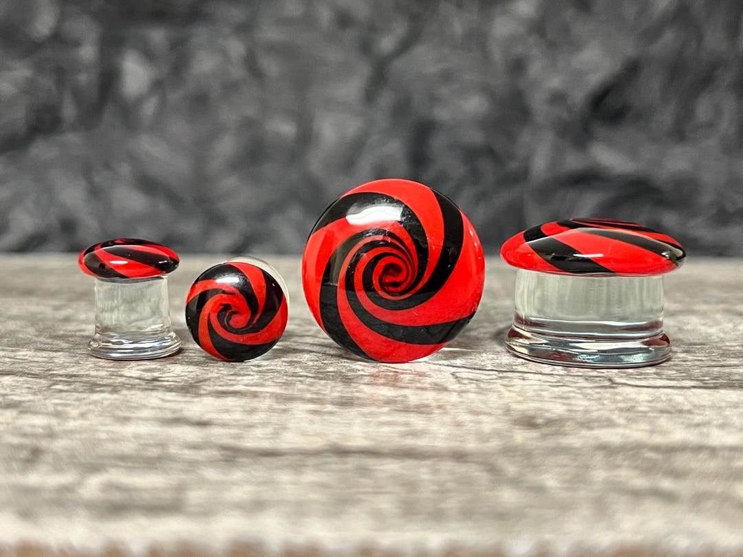 PAIR Red & Black Hypnotic Swirl Glass Double Flare Plugs Tunnels Gauges ...