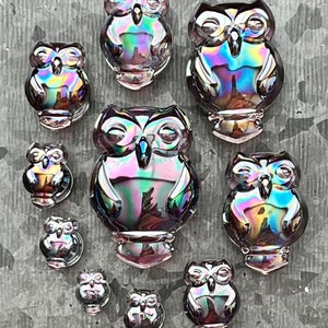 Pair of Stunning Aurora Borealis Owl Design Pyrex Glass Plugs - Gauges ...