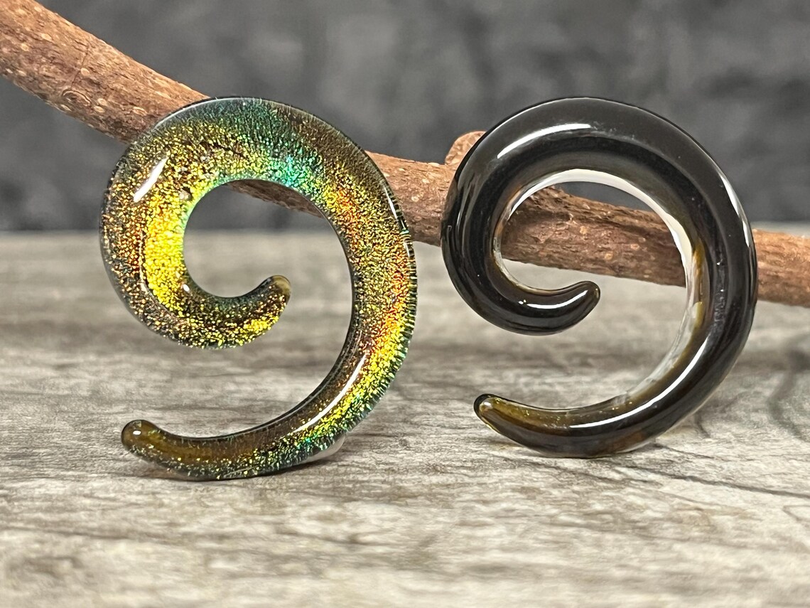 PAIR Green Glitter Foil Glass Spiral Tapers Expanders Plugs Gauges Body ...