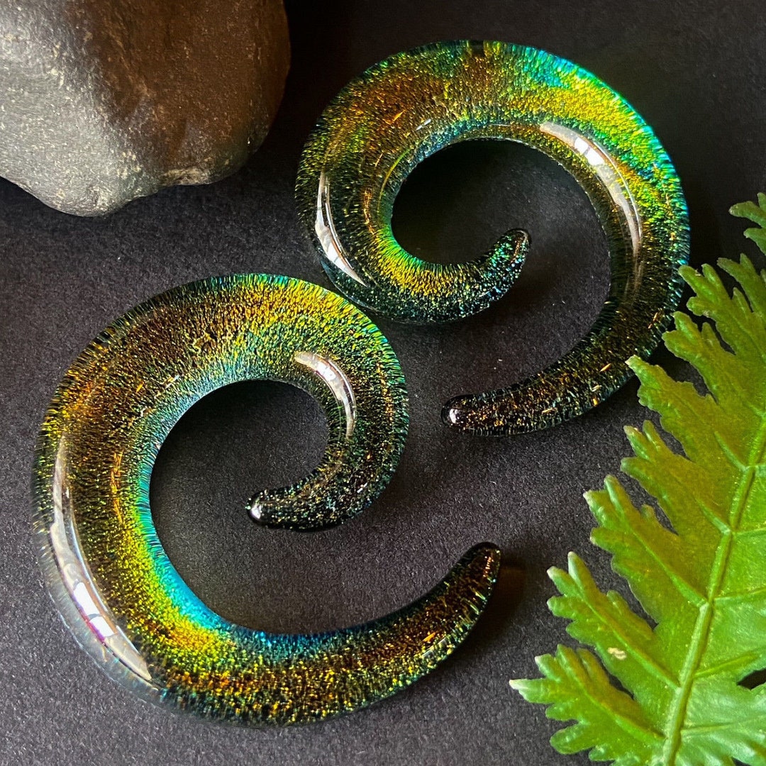 PAIR Green Glitter Foil Glass Spiral Tapers Expanders Plugs Gauges Body ...