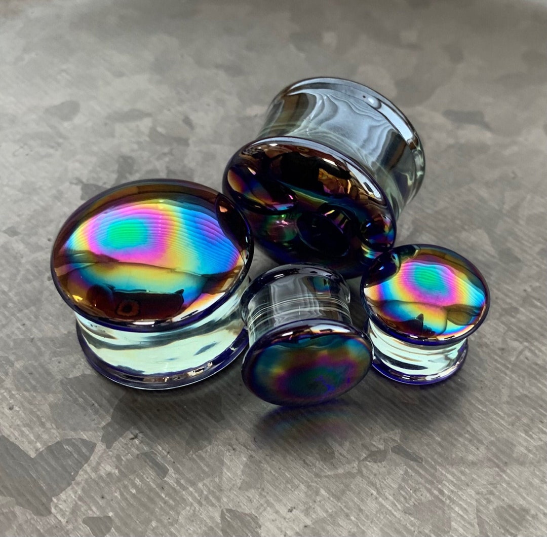 PAIR of Stunning Oil Slick Design Pyrex Glass Double Flare Plugs ...