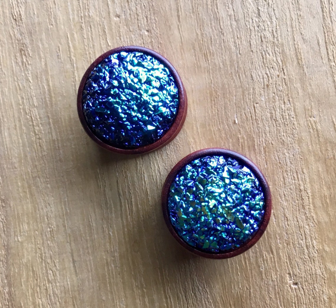 PAIR of Unique Blue Druzy Stone Sono Wood Plugs Gauges 2g - Etsy