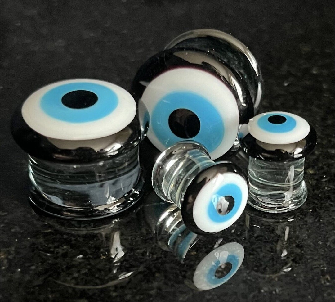 PAIR Evil Eye Glass Double Flare Plugs Tunnels Gauges Piercing Body ...