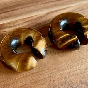 PAIR of Unique Organic Tiger Eye Stone Hoops Ear Weight Hanging Plugs ...