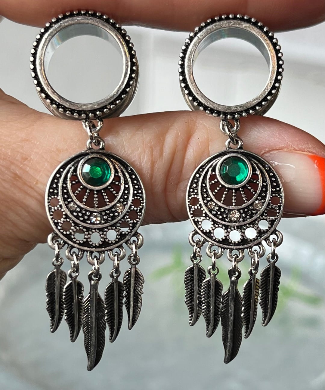 PAIR of Unique Dream Catcher W/ Beaded Edge & Green Crystal Gem Dangle ...