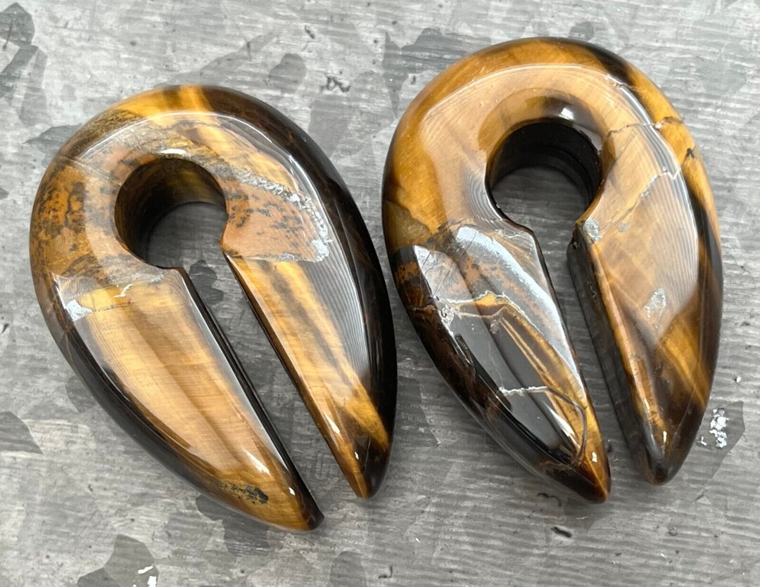 PAIR of Stunning Organic Tiger Eye Stone Keyhole Hanger Ear Weight ...