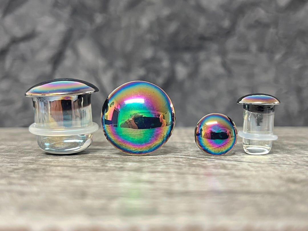 PAIR of Beautiful Oil Slick Design Pyrex Glass Single Flare Plugs With ...
