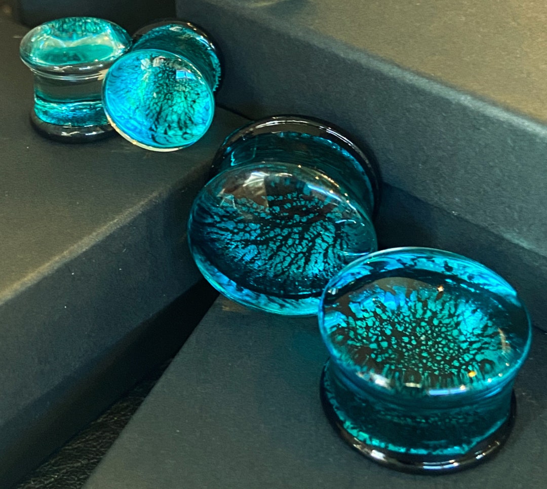 PAIR of Beautiful Aqua & Black Fracture Design Glass Double Flare Plugs ...