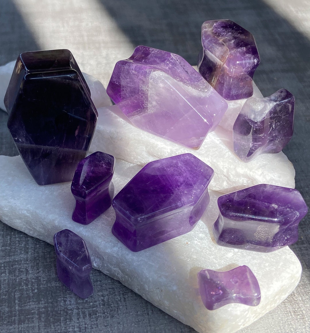 PAIR of Beautiful Amethyst Organic Stone Double Flare Coffin Double Flare Plugs - Gauges 2g (6mm ...