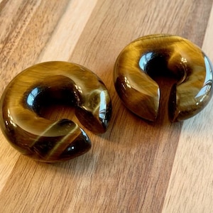 PAIR of Unique Organic Tiger Eye Stone Hoops Ear Weight Hanging Plugs ...