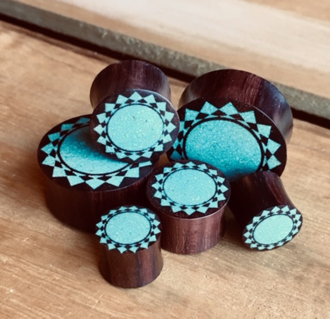 PAIR of Crushed Turquoise Tribal Sunburst Inlaid Sono Wood - Etsy