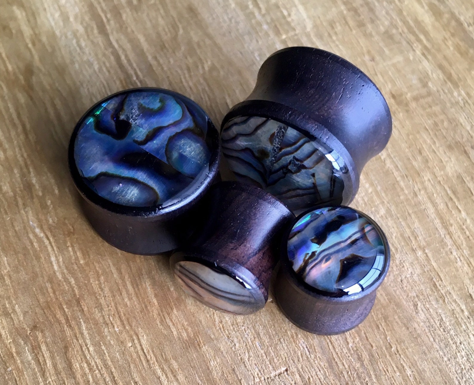 PAIR of Beautiful Organic Abalone Shell Inlaid Sono Wood Saddle Plugs ...