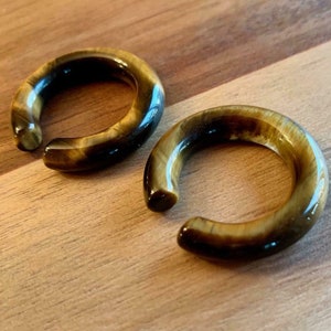 PAIR of Unique Organic Tiger Eye Stone Hoops Ear Weight Hanging Plugs ...
