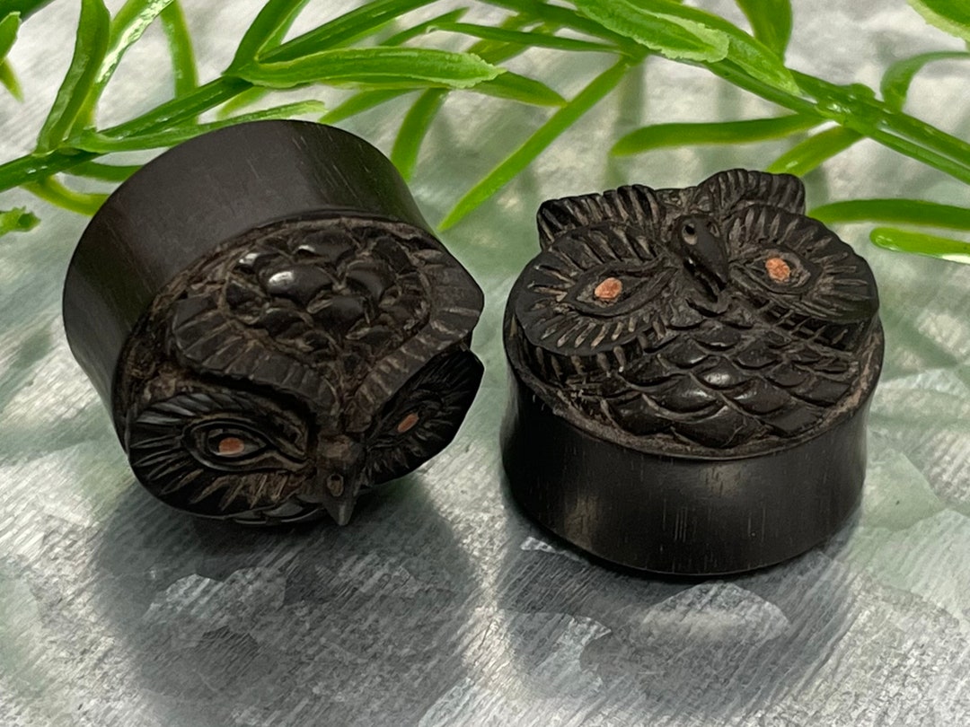 PAIR of Unusual Carved Owl in Ebony Wood Saddle Plugs/tunnels - Etsy