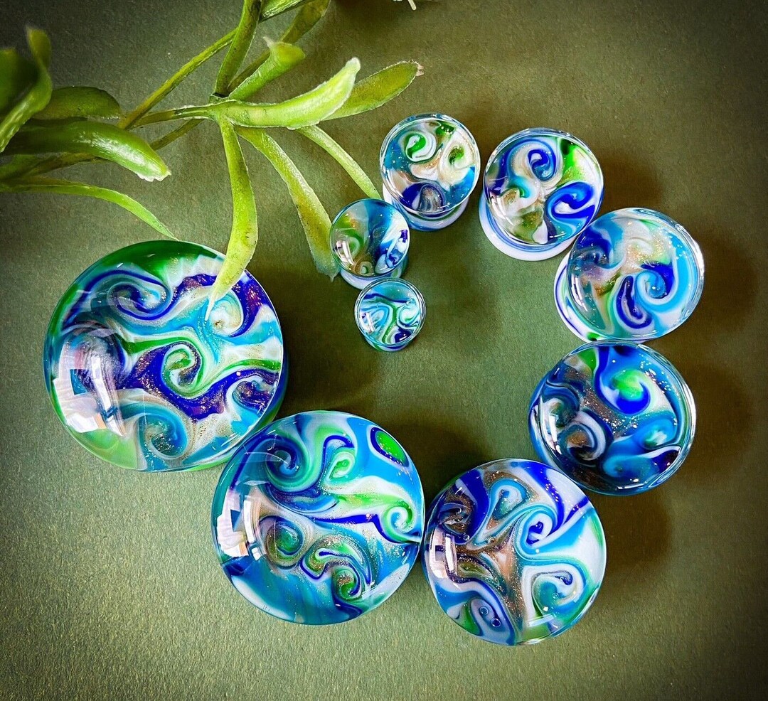 PAIR Green & Blue Swirl Design Pyrex Glass Plugs Gauge Body Ear ...