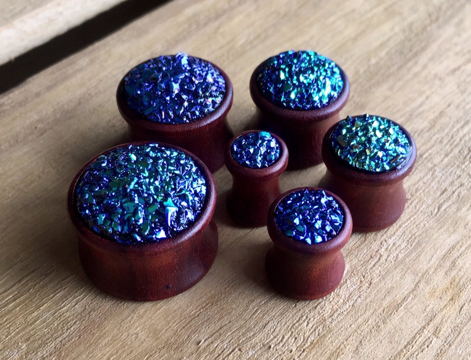 PAIR of Unique Blue Druzy Stone Sono Wood Plugs Gauges 2g - Etsy