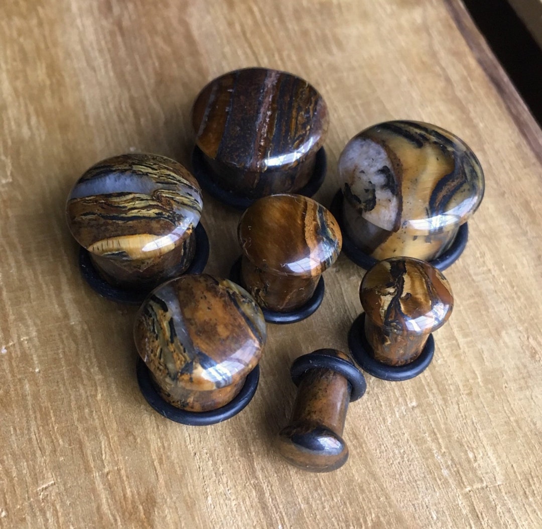 PAIR of Single Flare Tiger Iron Organic Stone Plugs With O-rings ...