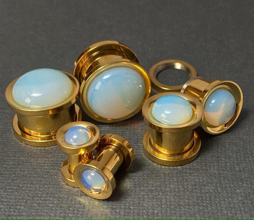 PAIR Opalite Stone Dome Gold Steel Screw Fit Tunnels Gauge Plugs Body Jewelry - Etsy