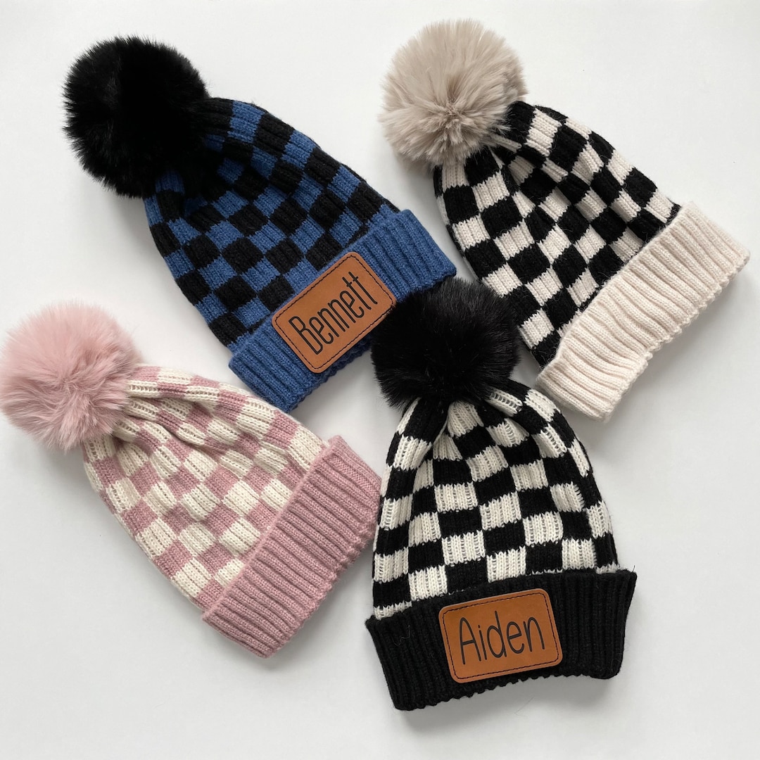 Personalized Checkered Kids Beanie, Leather Patch, Customize, Cold ...