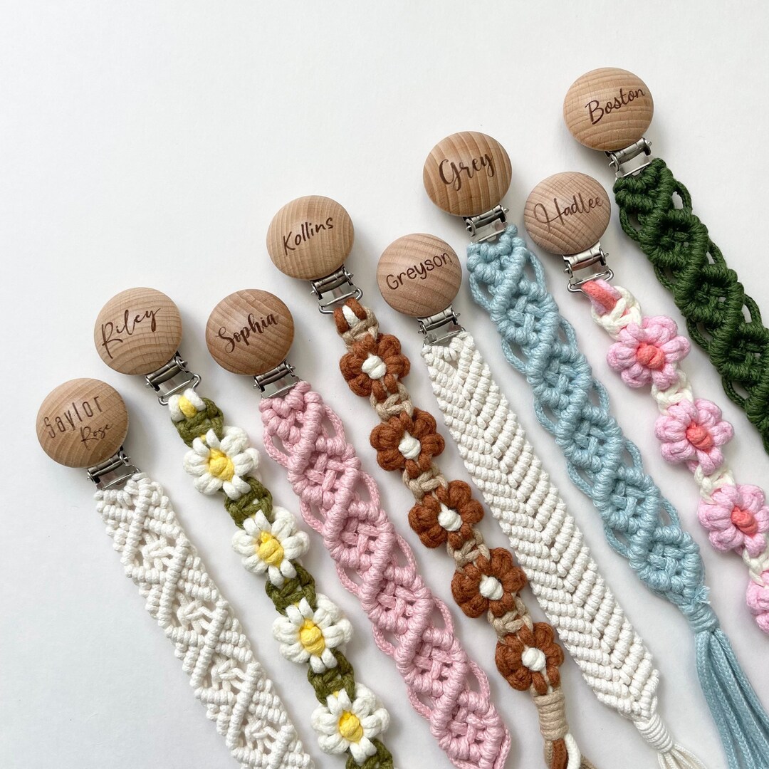 Personalized Macrame Pacifier Clip Engraved Wood Binky Clip - Etsy