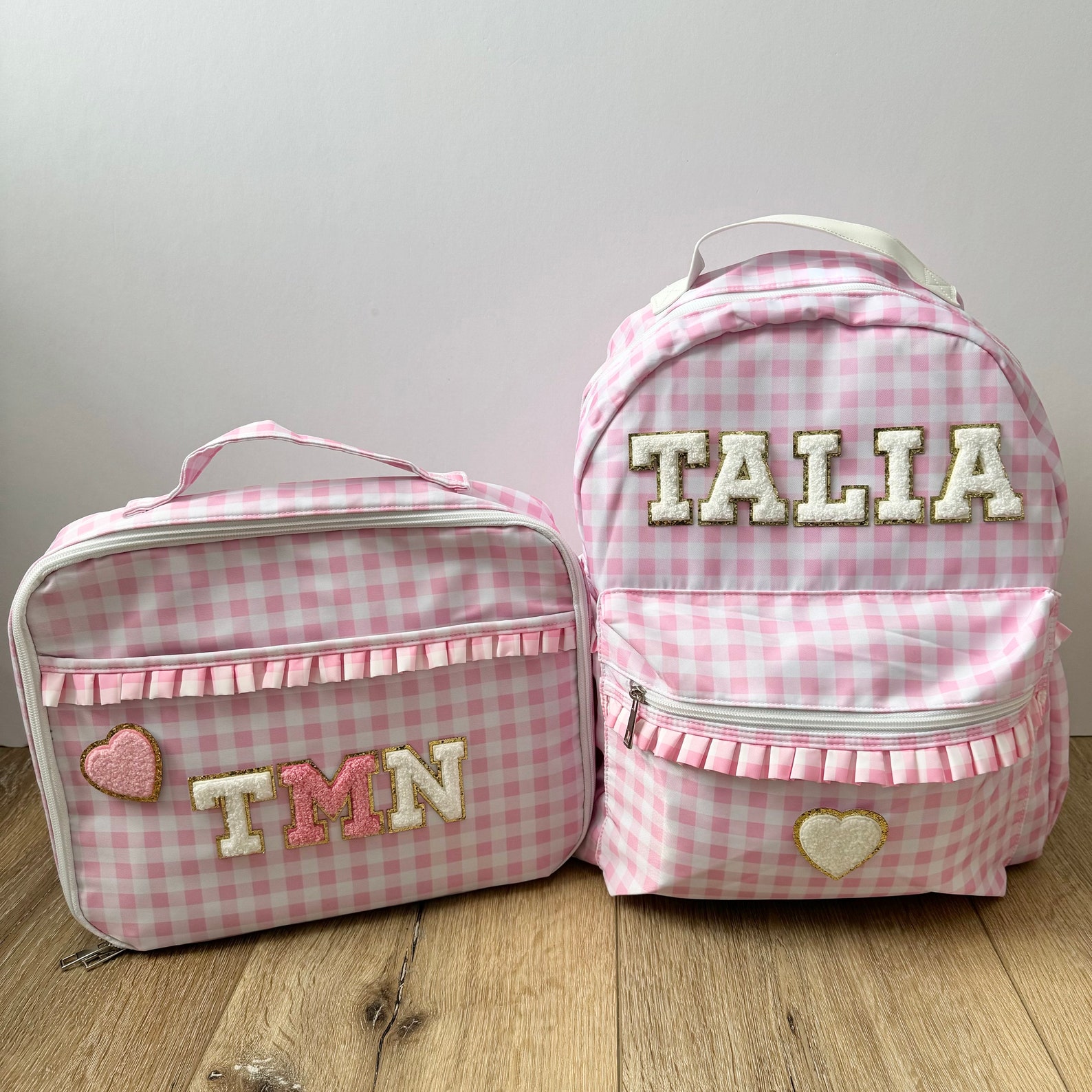 Personalized Kids Pink Gingham Backpack and Lunch Pale, Chenille ...