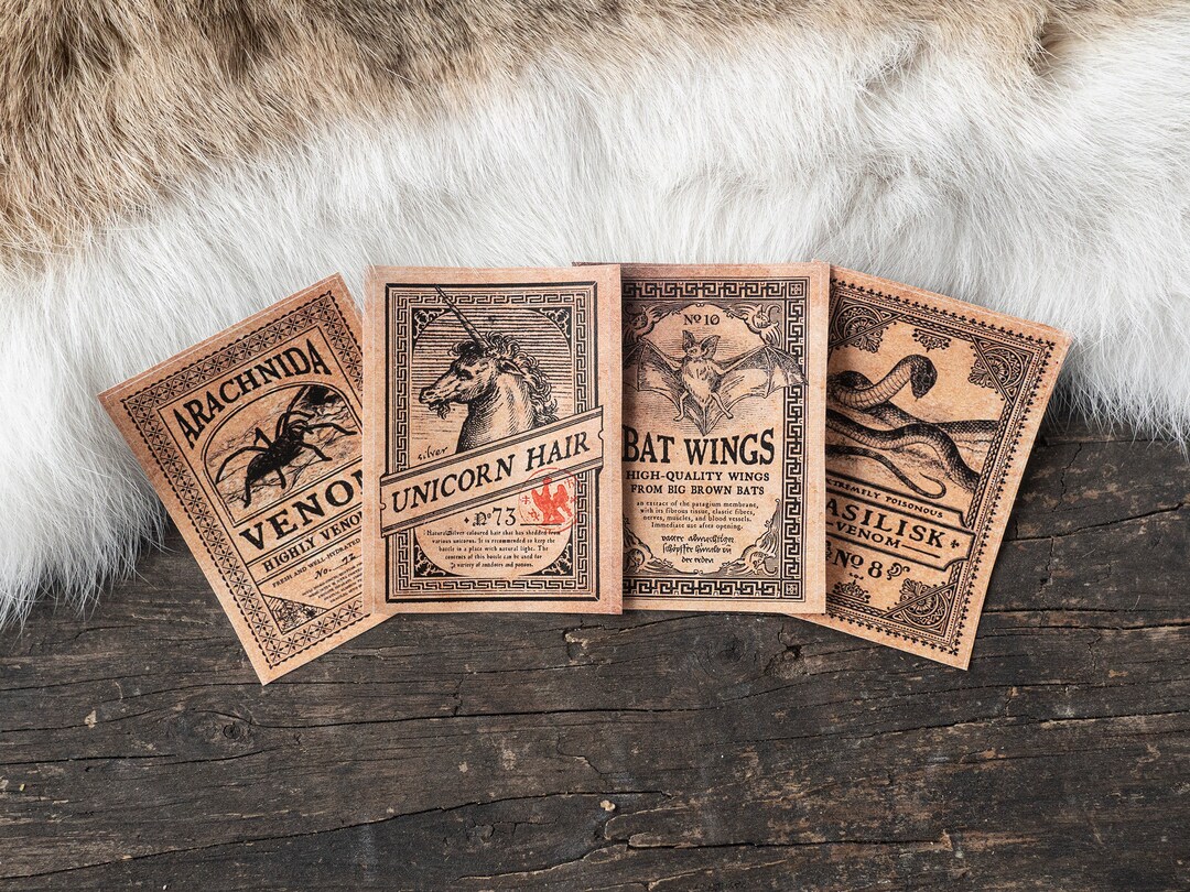 4 Potion Label Stickers - Unicorn Hair, Bat Wings, Arachnida Venom ...