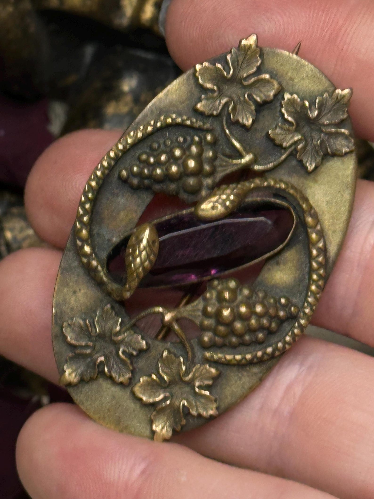 Antique Victorian Era Brass-tone Amethyst Brooch Pin With Snakes ...