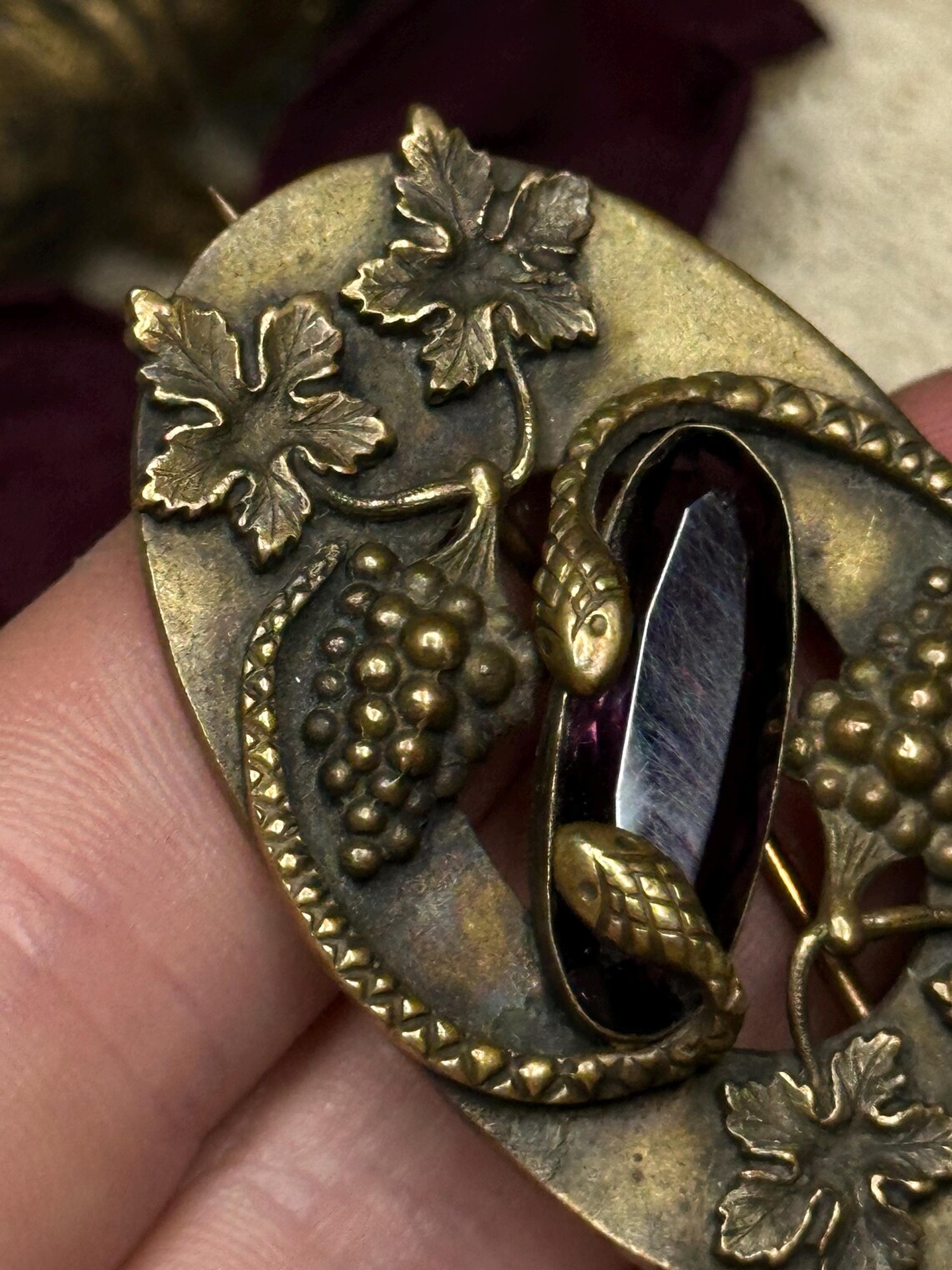 Antique Victorian Era Brass-tone Amethyst Brooch Pin With Snakes ...