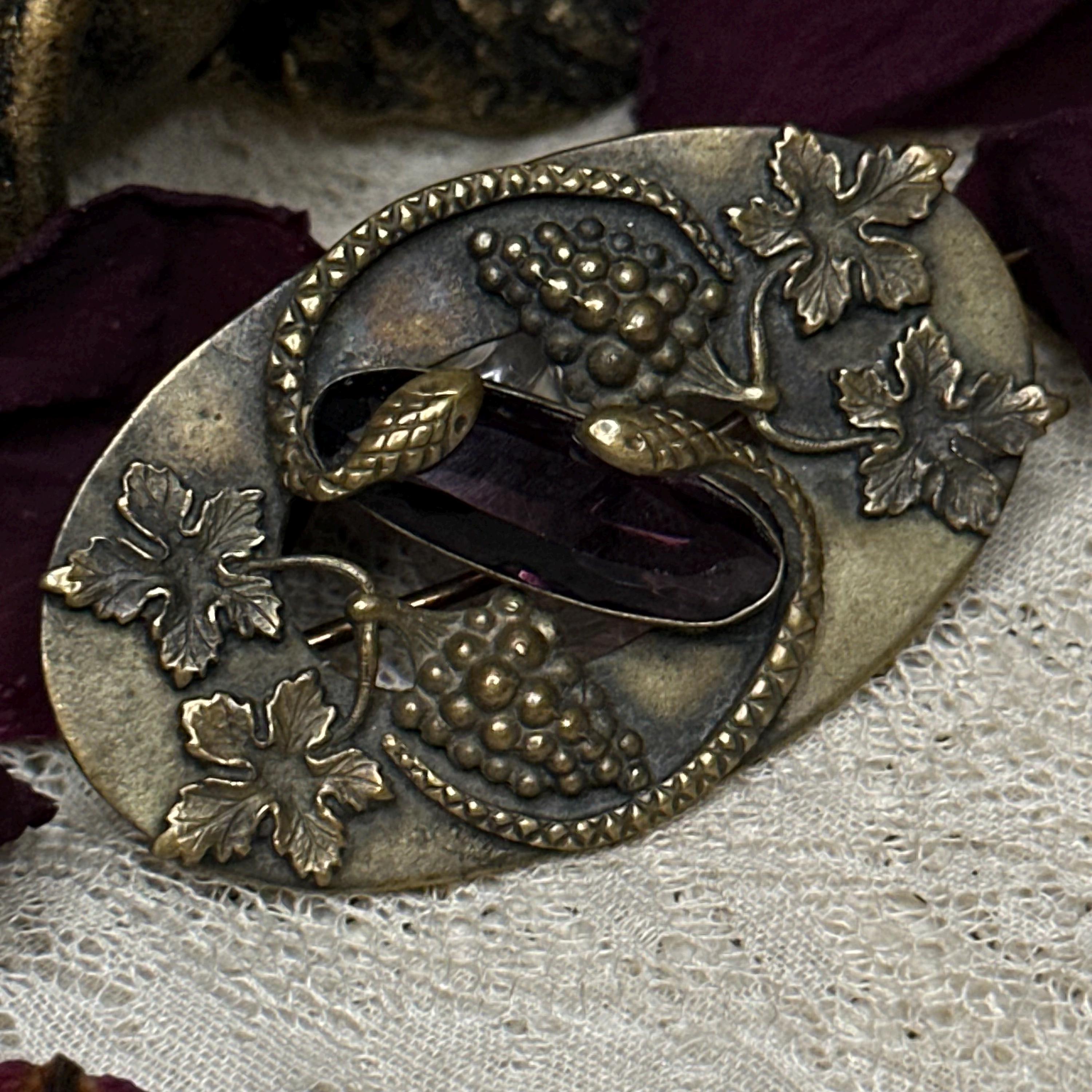 Antique Victorian Era Brass-tone Amethyst Brooch Pin With Snakes ...
