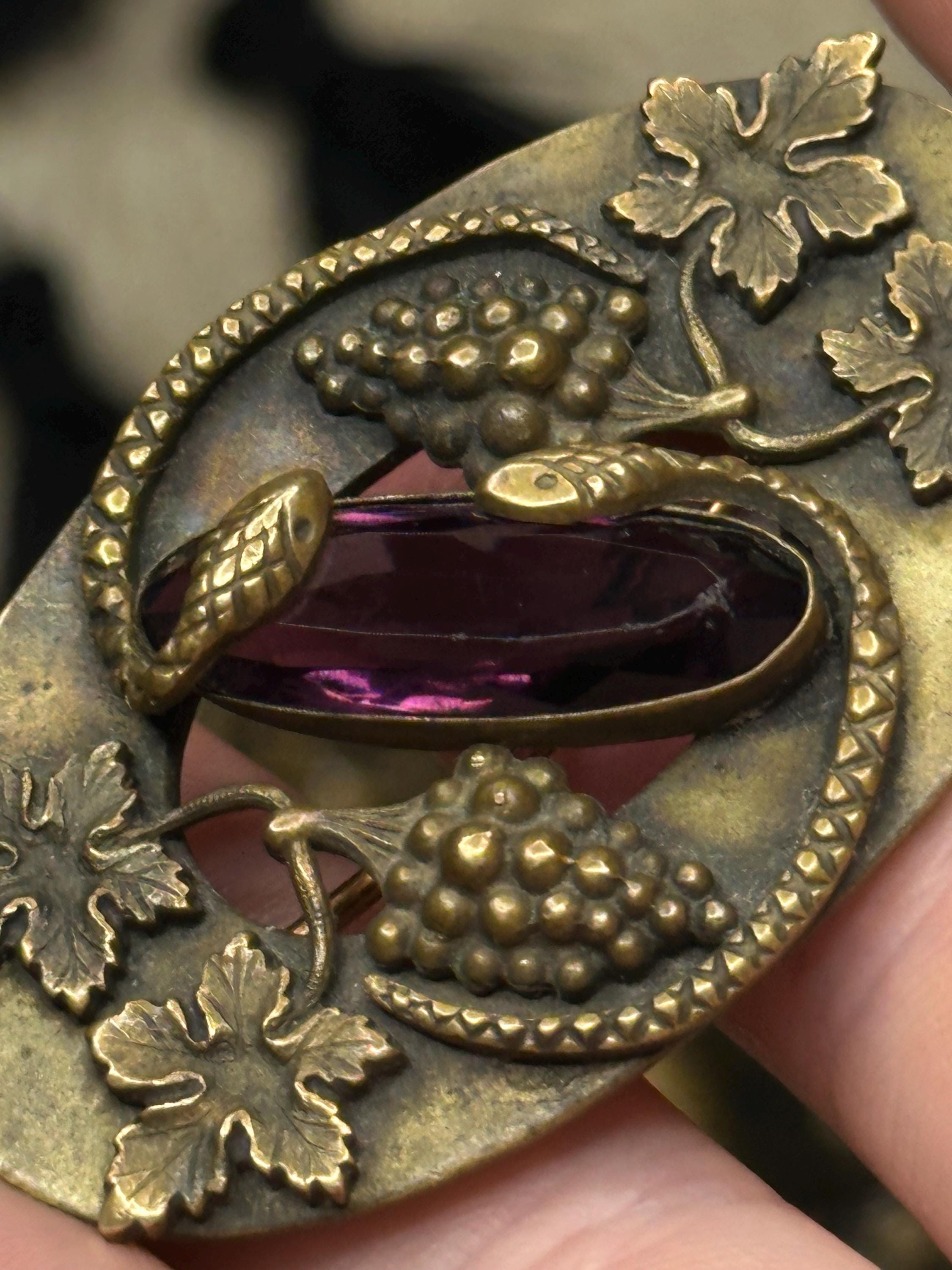 Antique Victorian Era Brass-tone Amethyst Brooch Pin With Snakes ...