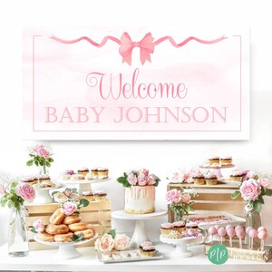 Pink Bow Baby Shower Banner, Pink Bow Party Sign, Pink Ribbon Banner ...