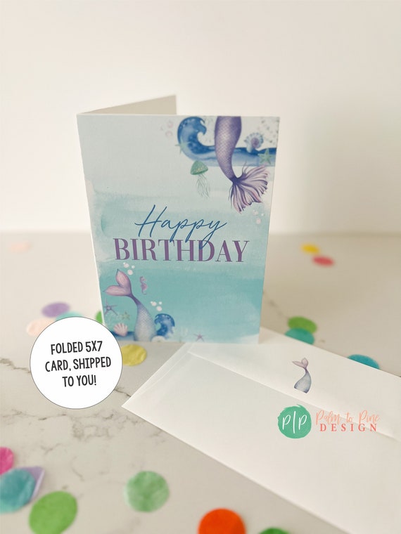 Happy birthday Card, Mermaid Birthday Card, Kids Birthday Greeting Card ...