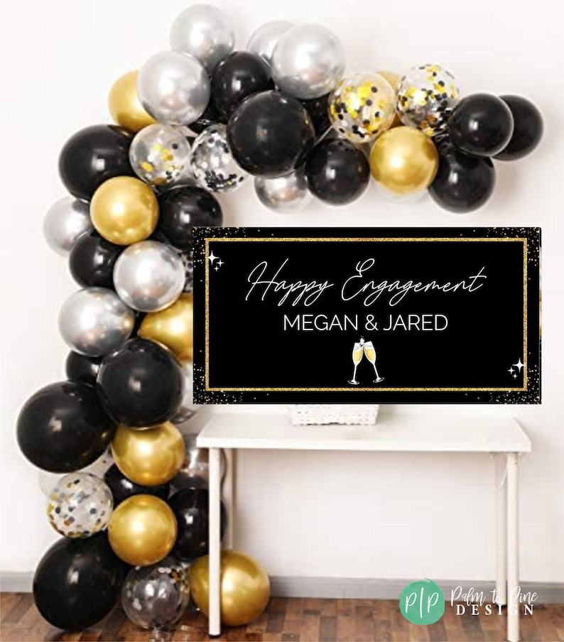 Personalized Engagement Banner, Elegant Gold and Black Engagement Party ...