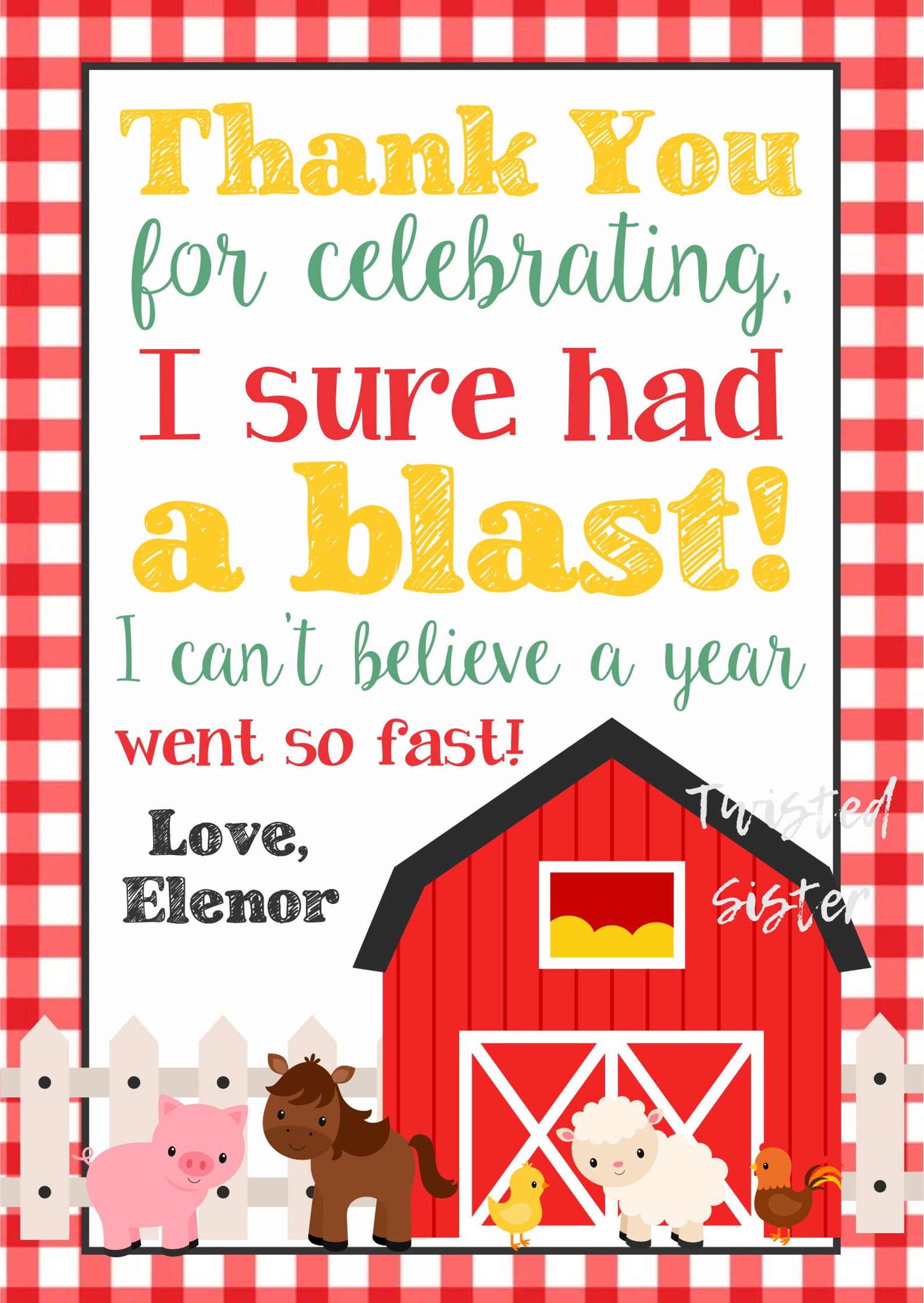 Farm Birthday Thank You Card, Barnyard Birthday Thank You Card, Farm ...