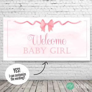Pink Bow Baby Shower Banner, Pink Bow Party Sign, Pink Ribbon Banner ...