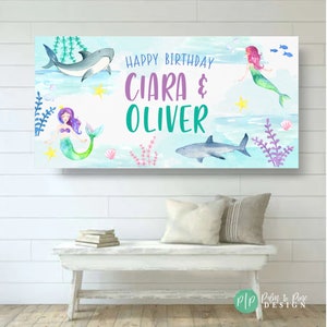 Mermaid Shark Birthday Banner, Under the Sea Birthday Party, Shark ...