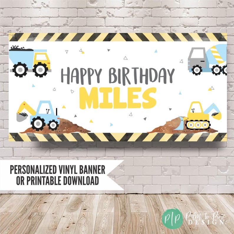 Personalized Construction Birthday Banner, Boys Digger Excavator Party ...