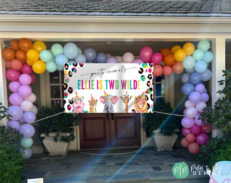 Party Animal Birthday Banner, Neon Safari Animals Backdrop, Jungle Wild ...