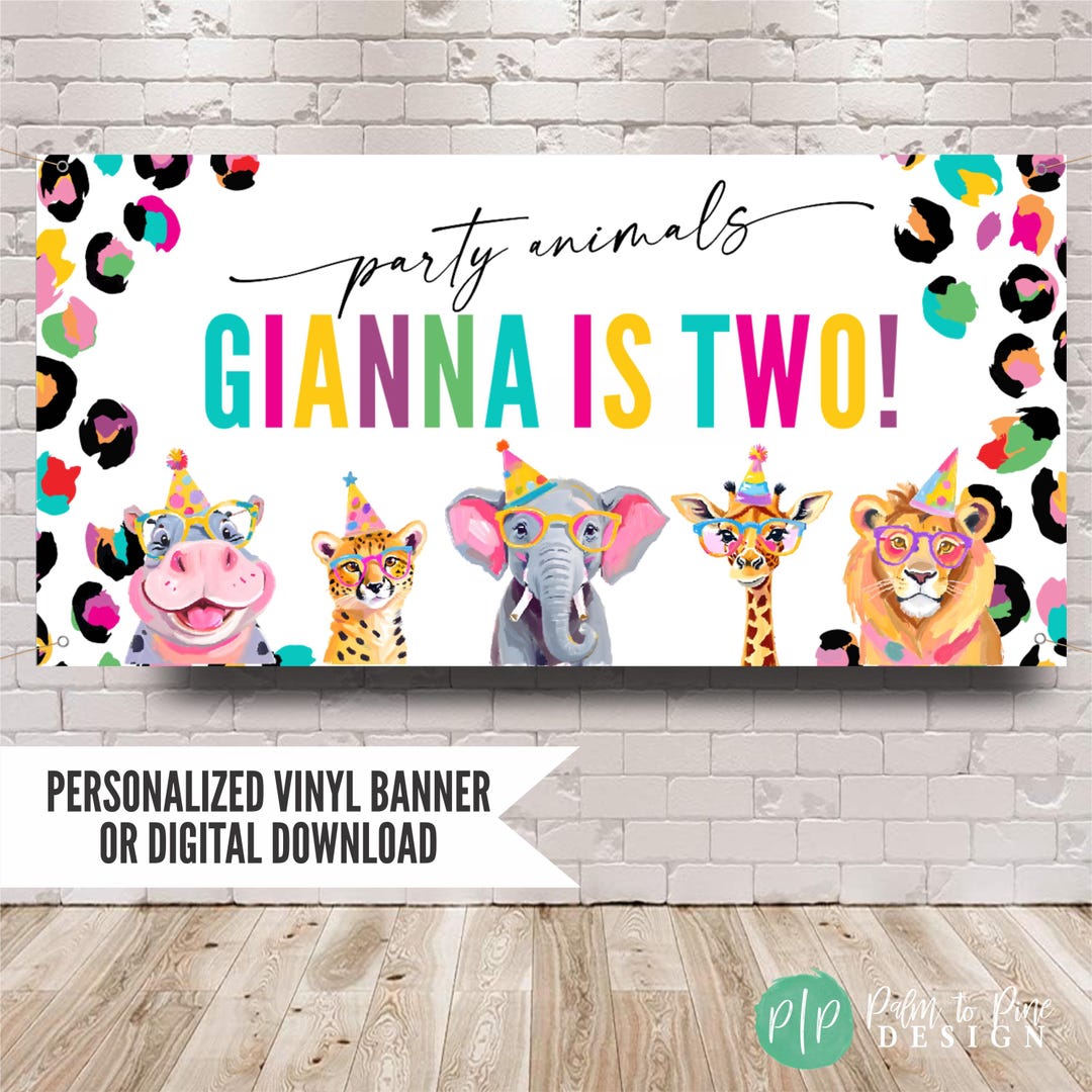 Party Animal Birthday Banner, Neon Safari Animals Backdrop, Jungle Wild ...